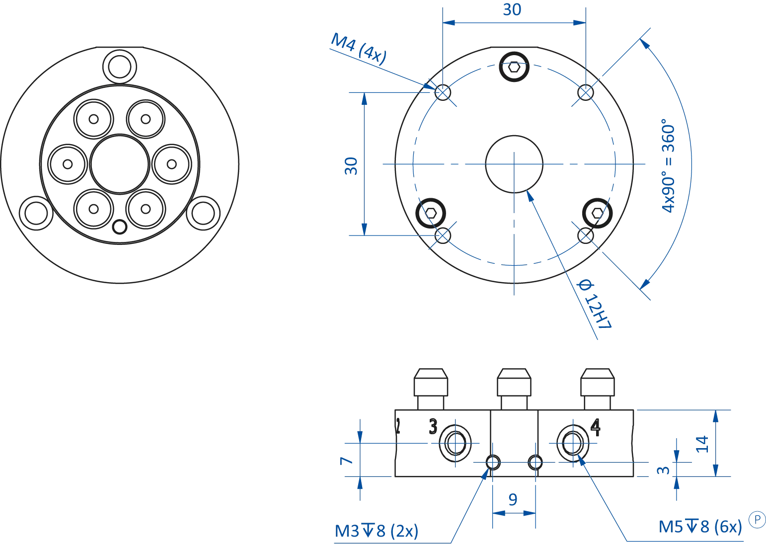 Round quick-changers Ø 50 mm, 6 air inlets – gripper side • FIPA